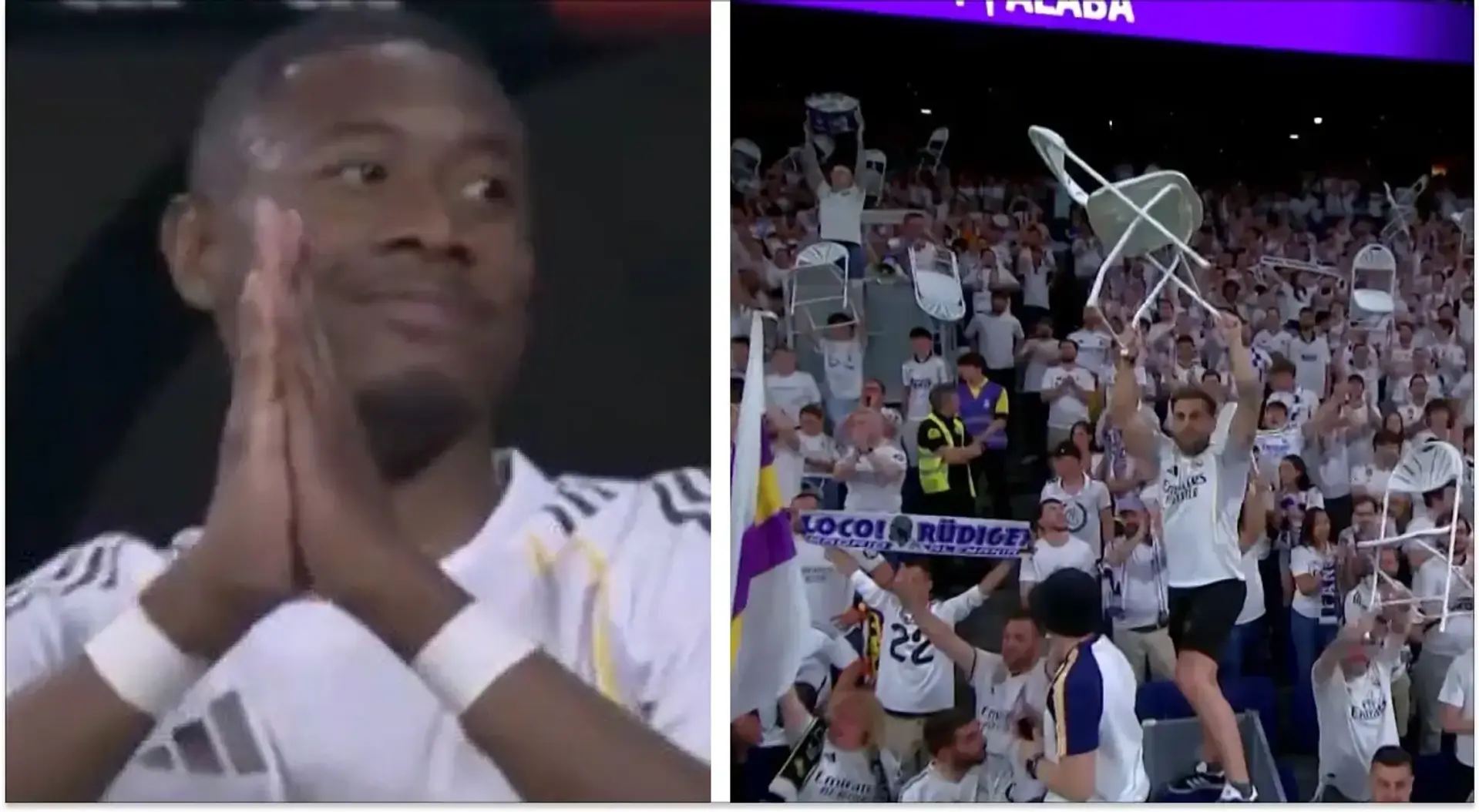 Real Madrid fans lift chairs in tribute to David Alaba during Bernabeu ...