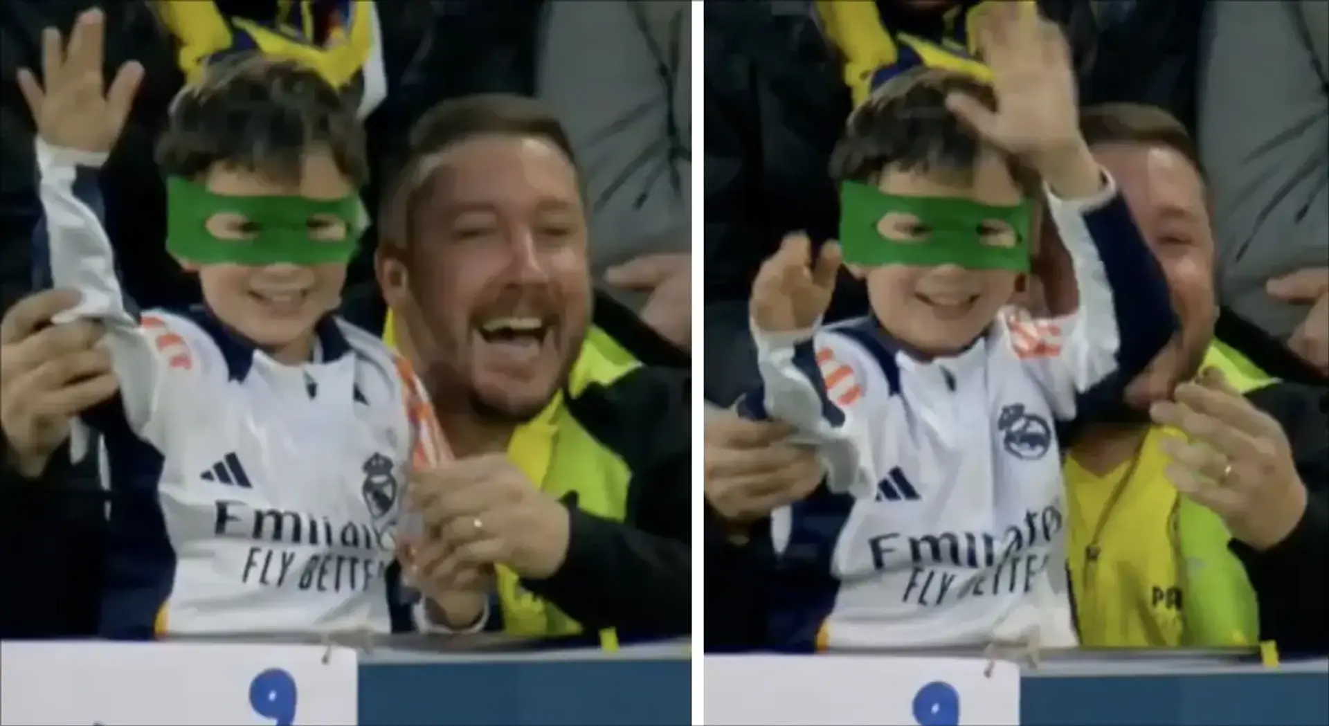 A young fan in Villarreal section sporting Ninja Turtles mask ...