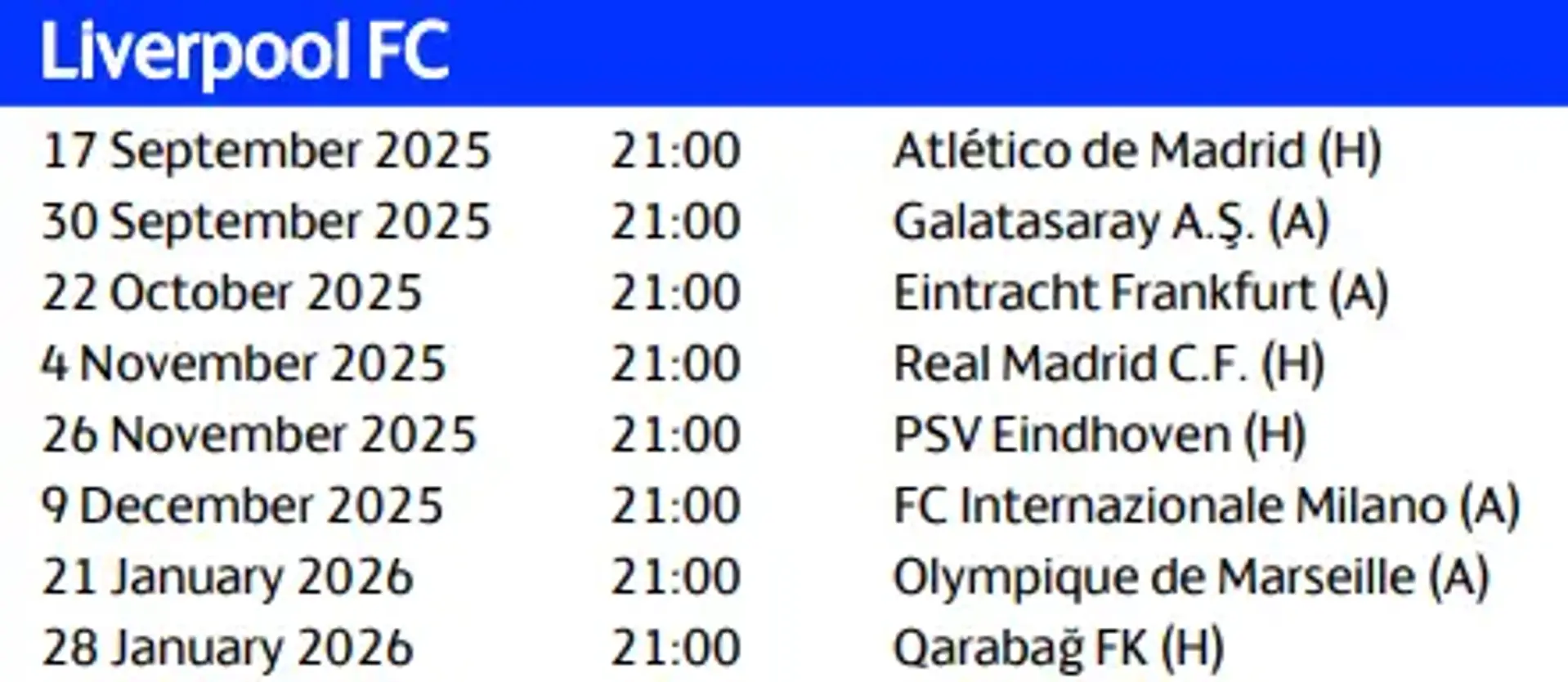 Liverpool's 2025/26 Champions League fixture calendar released ...
