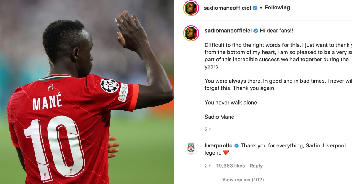 'Difficult to find the right words for this': Mane posts farewell ...
