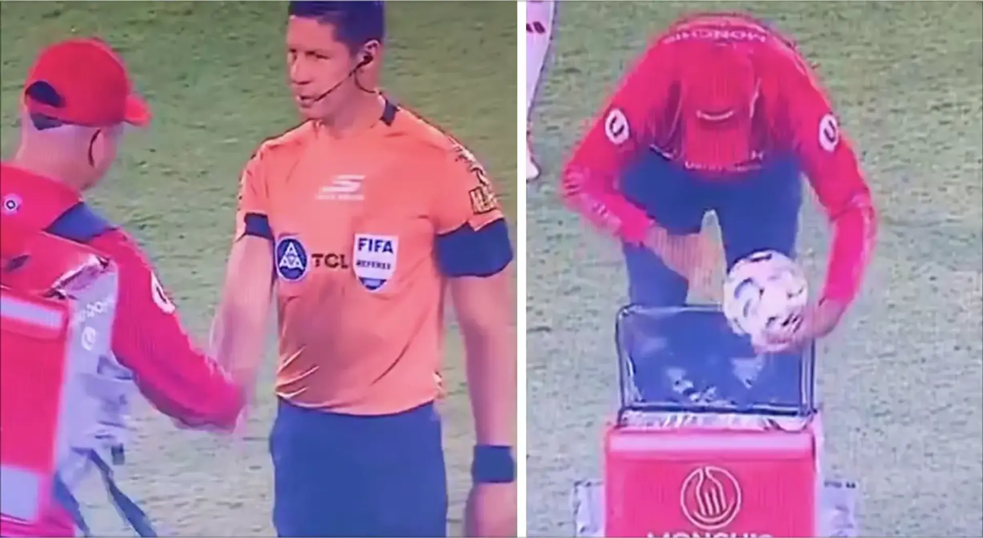 Delivery guy brings out the official match ball for River Plate vs ...