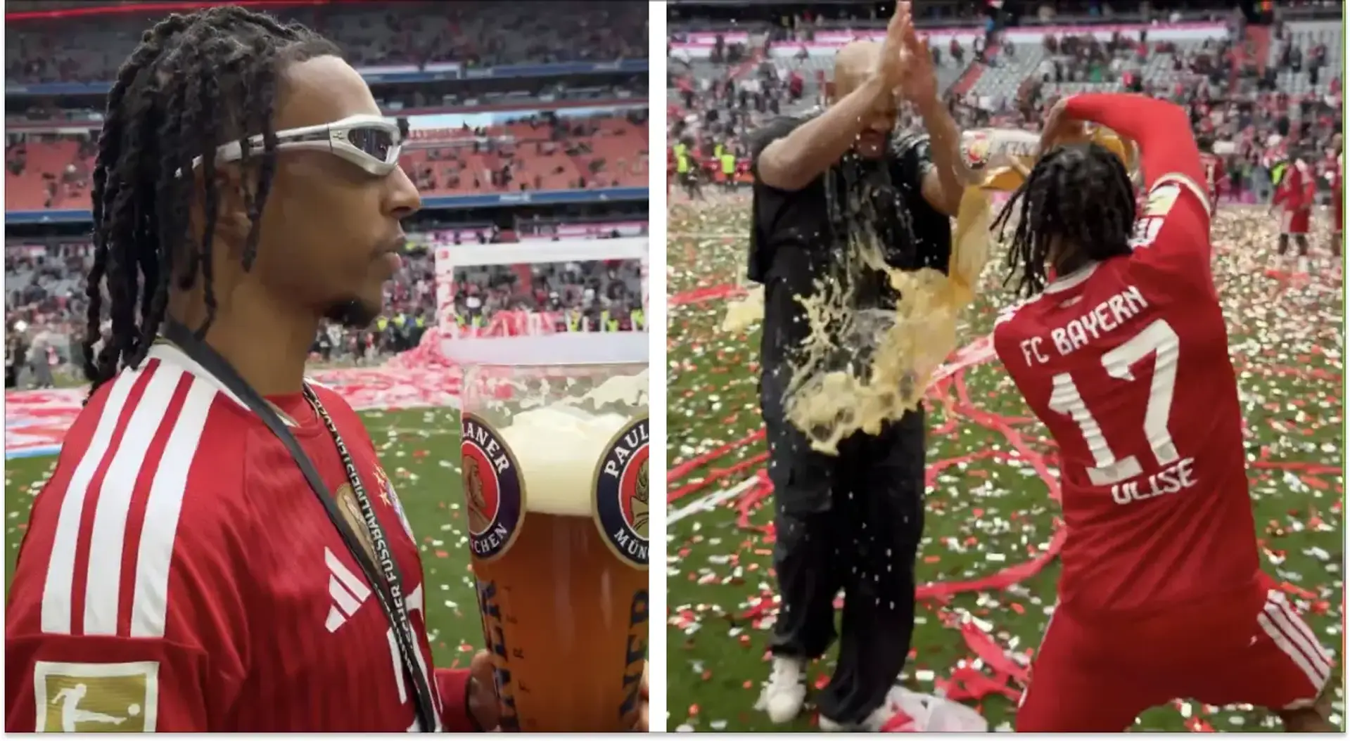 Michael Olise arrose Vincent Kompany de bière lors des célébrations du ...