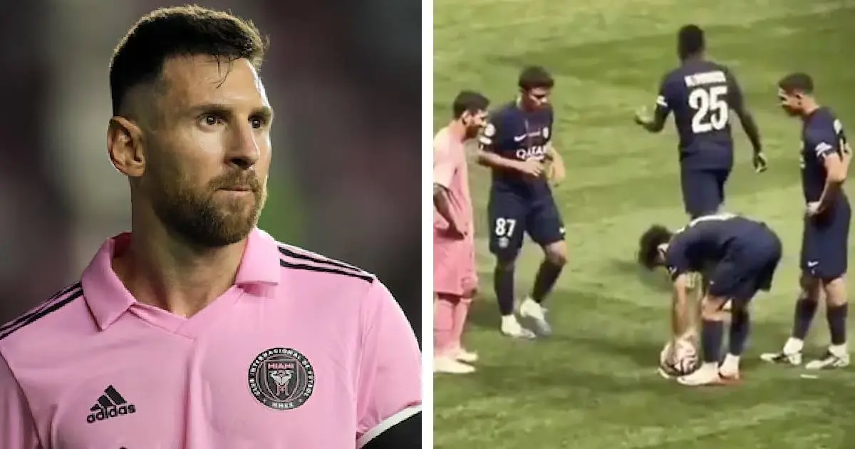 Achraf Hakimi sourit avec Leo Messi alors que l'Argentin tente de ...