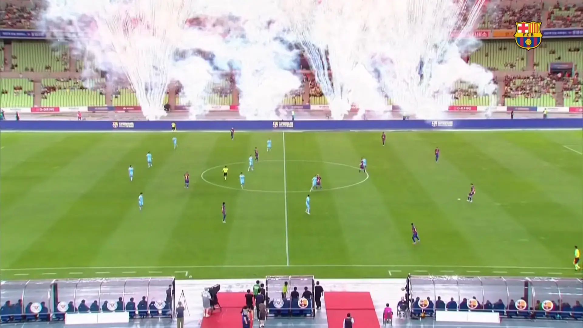 Barca players struggle to see through smoke as Daegu kick off the game ...