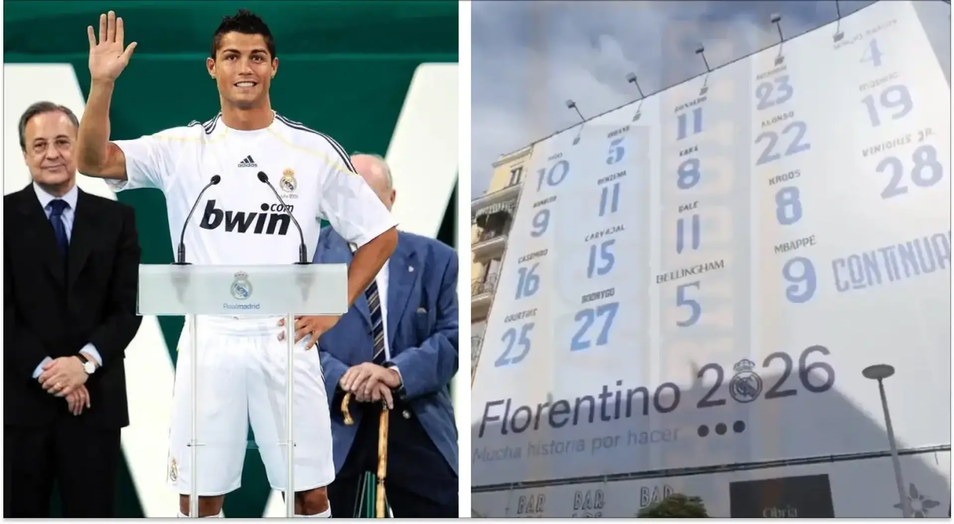 Florentino Perez unveils giant banner showcasing his biggest signings ...
