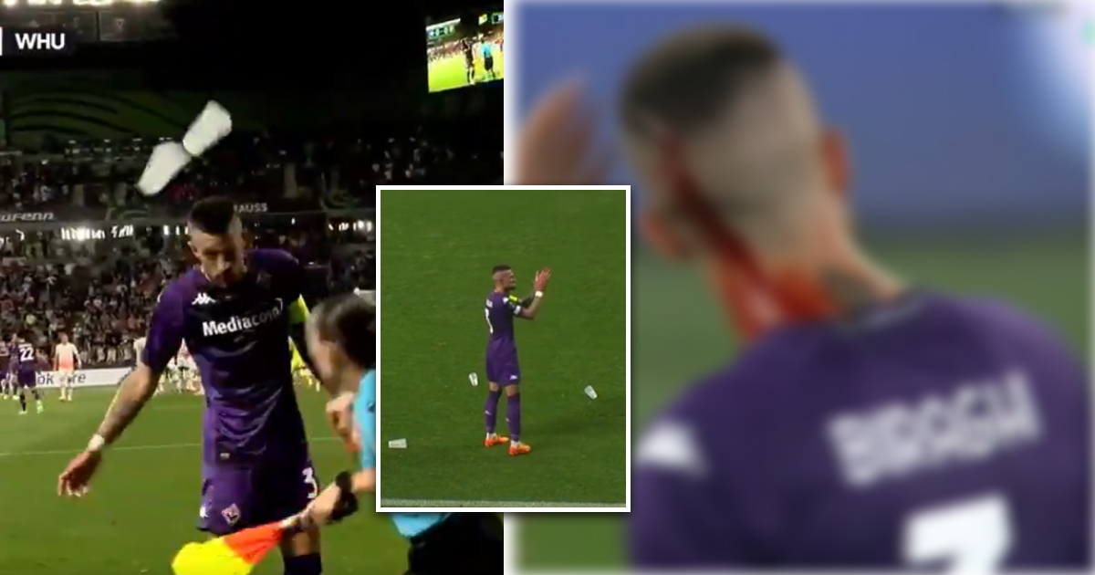 Fiorentina player bleeding after several beer cups thrown by West Ham ...