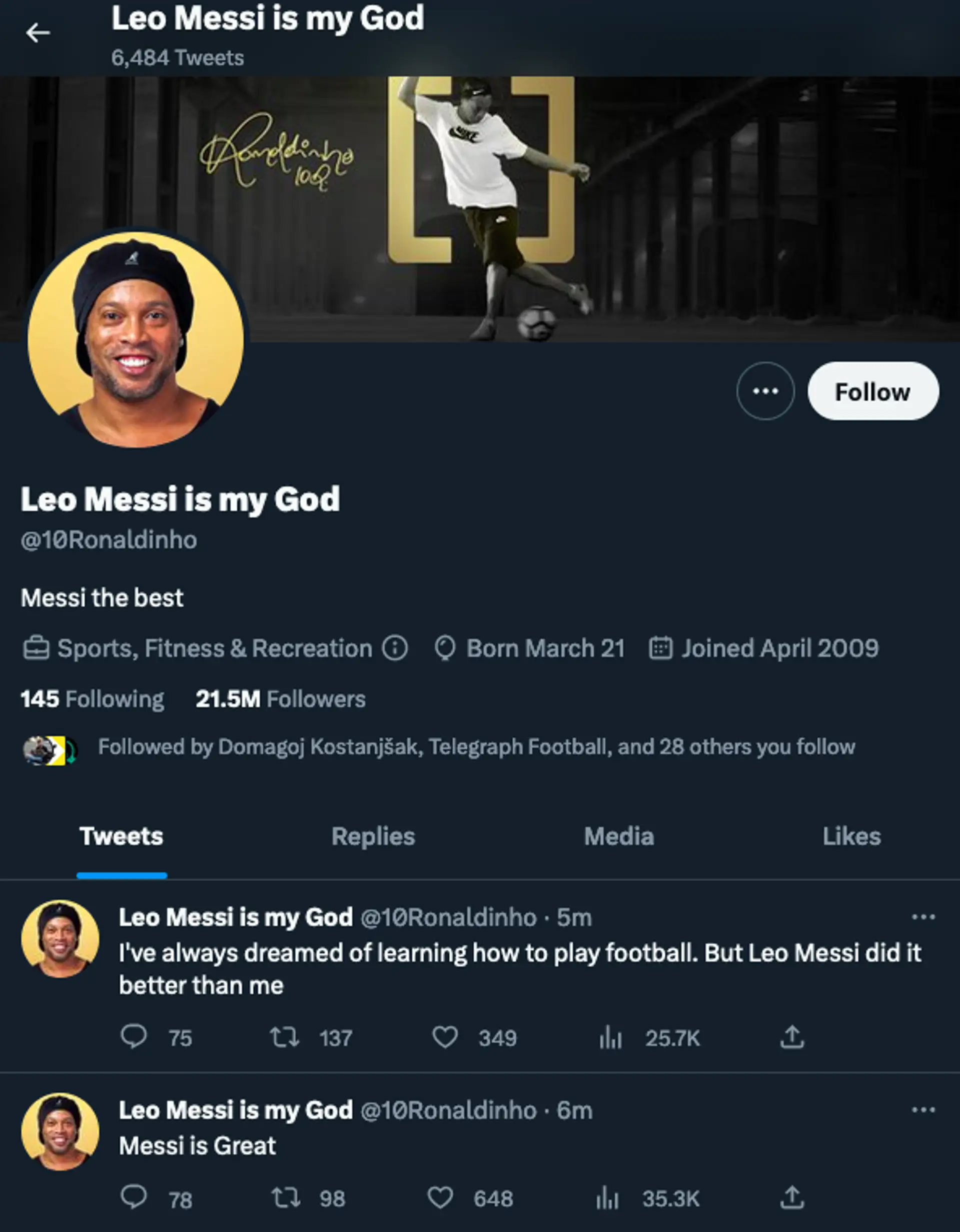 Ronaldinho renames his Twitter into 'Leo Messi is my God', posts tweets ...