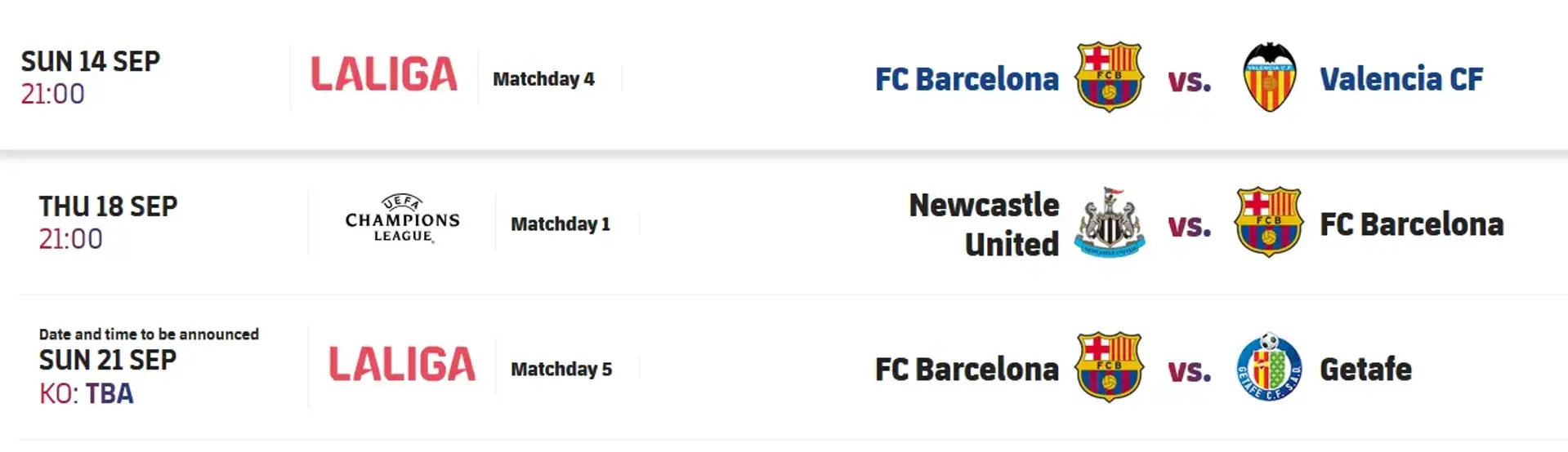 Barcelona five games in September after the international break ...