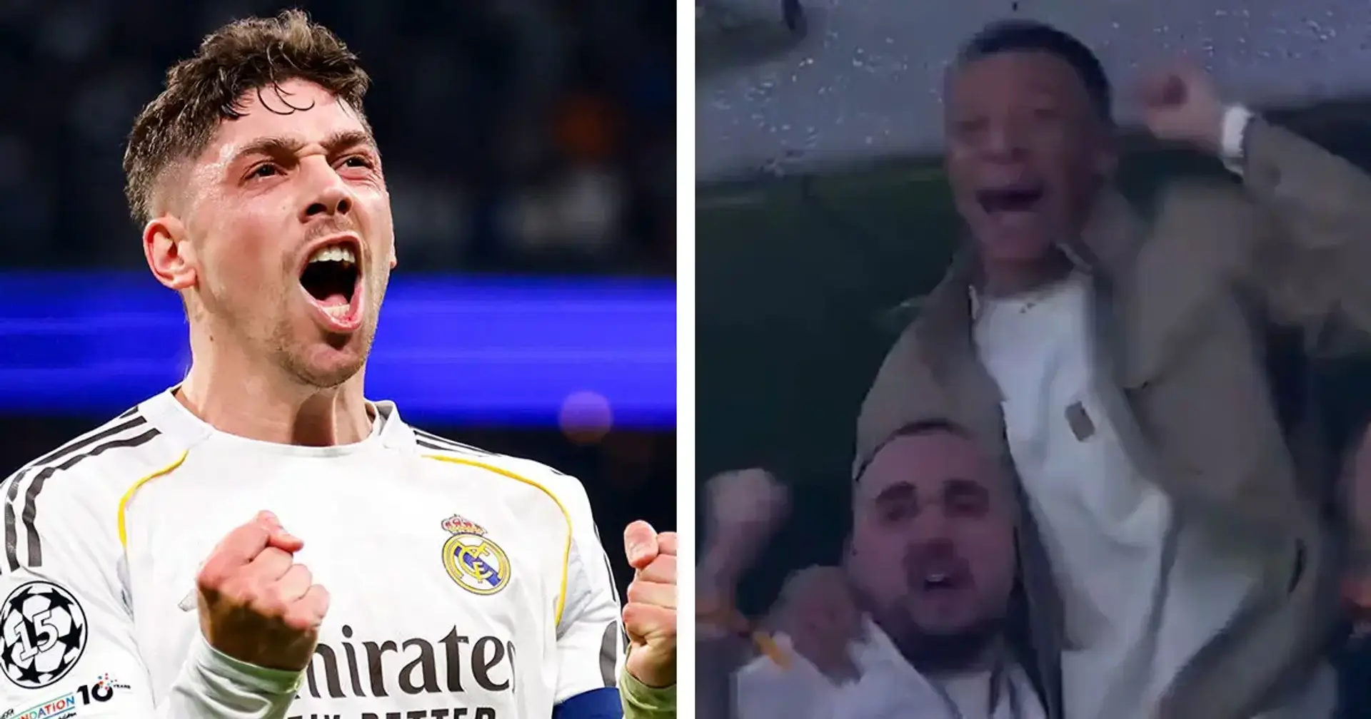 Kylian Mbappe goes WILD in Bernabeu Stadium stands during Fede Valverde ...